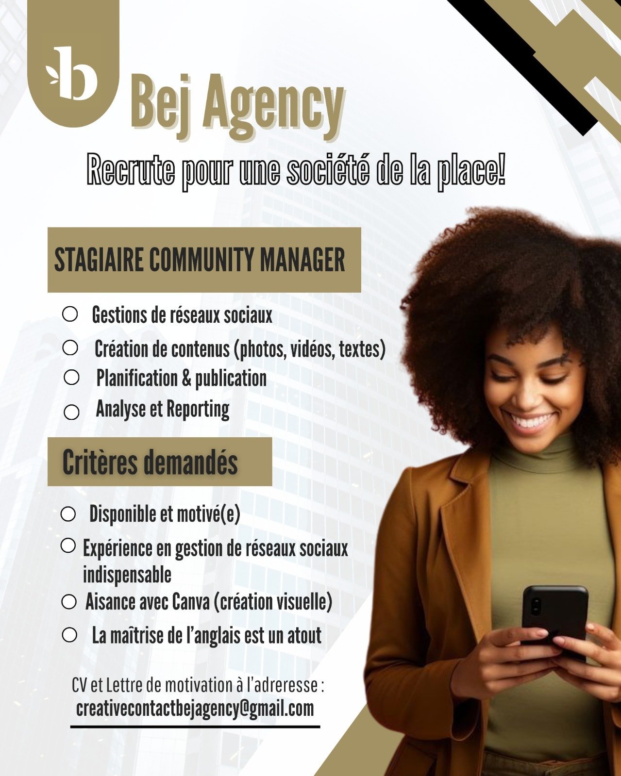 BEJ AGENCY RECRUTE STAGIAIRE COMMUNITY MANAGER H/F - Y'a bara | Offres ...